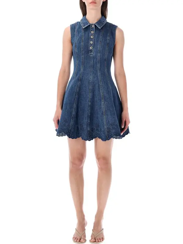 SELF-PORTRAIT Sleeveless Collared Denim Mini Dress - Blue