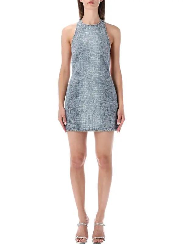 SELF-PORTRAIT Rhinestone Embellished Croc-effect Denim Mini Dress - Blue