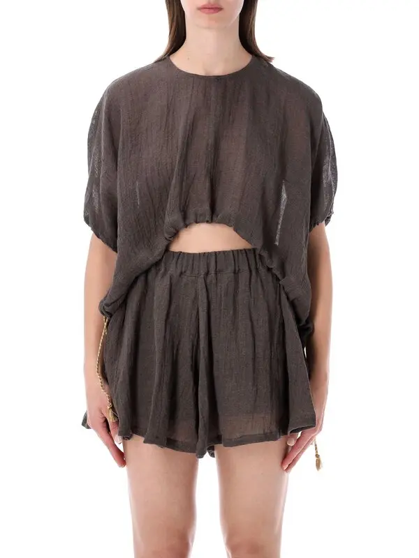 120% Lino Crinkled Linen Cropped Blouse With Drawstring Hem - Fumo
