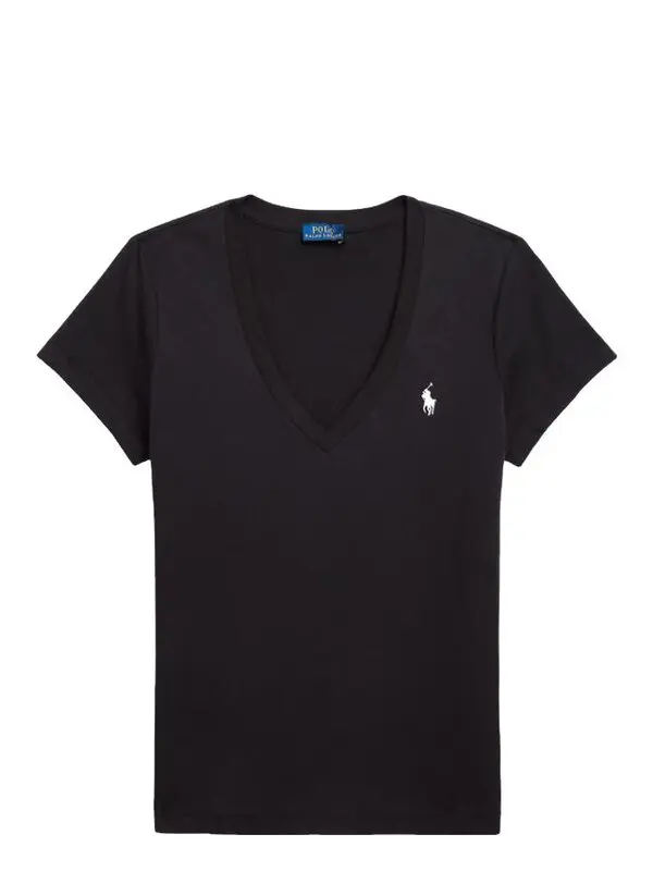 Ralph Lauren V-neck Knit T-shirt With Logo Detail - Black