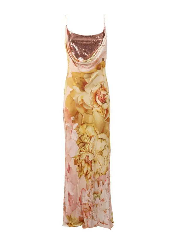 CLIPS Elegant Floral Print Maxi Dress With Sequined Bodice - Red