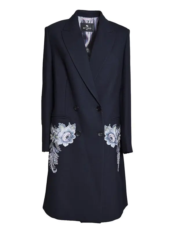 Etro Double Breasted Embroidered Coat - Blu