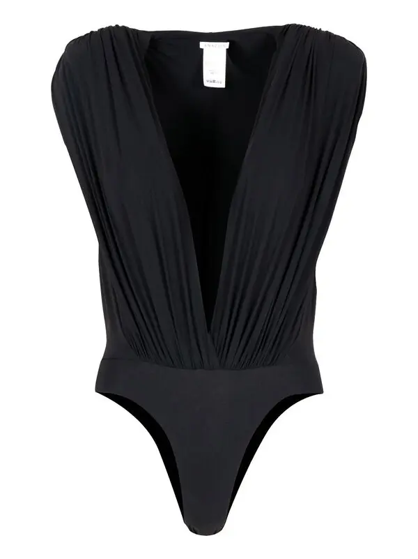 AMAZUIN Sleeveless Deep V-neck Bodysuit With Gathers - Black
