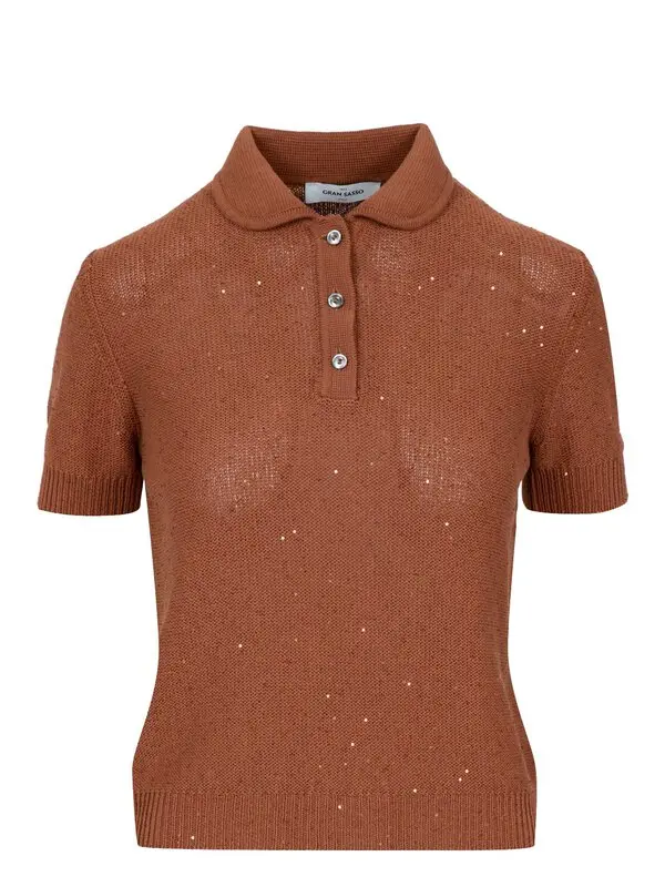 GRAN SASSO Sequin Embellished Knit Polo Shirt - Camel