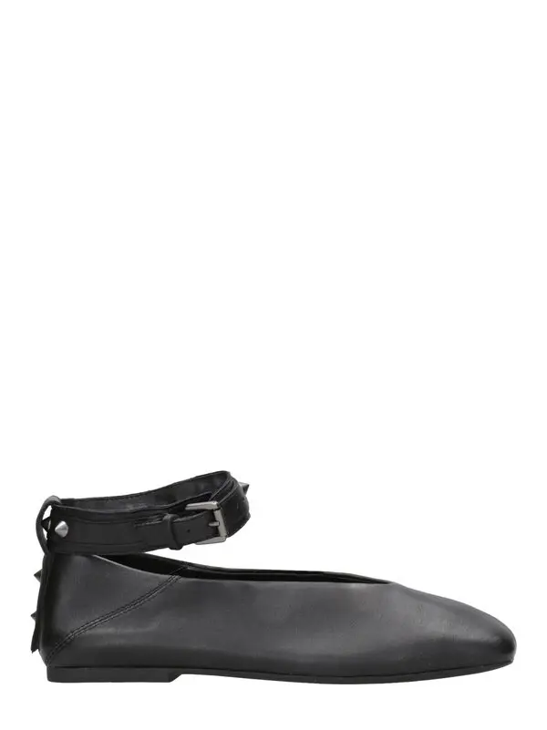 Ash Leather Square Toe Ankle Strap Flats With Stud Embellishments - Black
