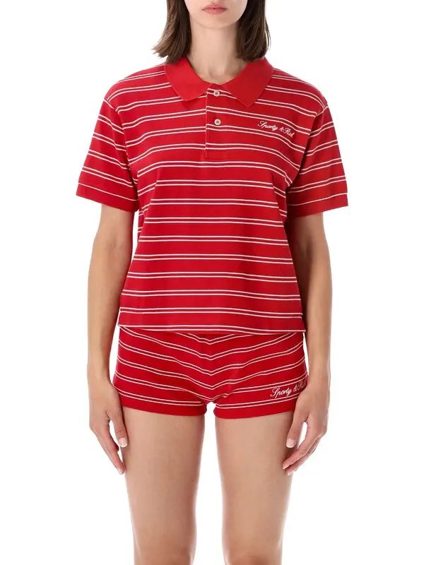 SPORTY & RICH Cotton Jersey Striped Polo Shirt - Ruby White
