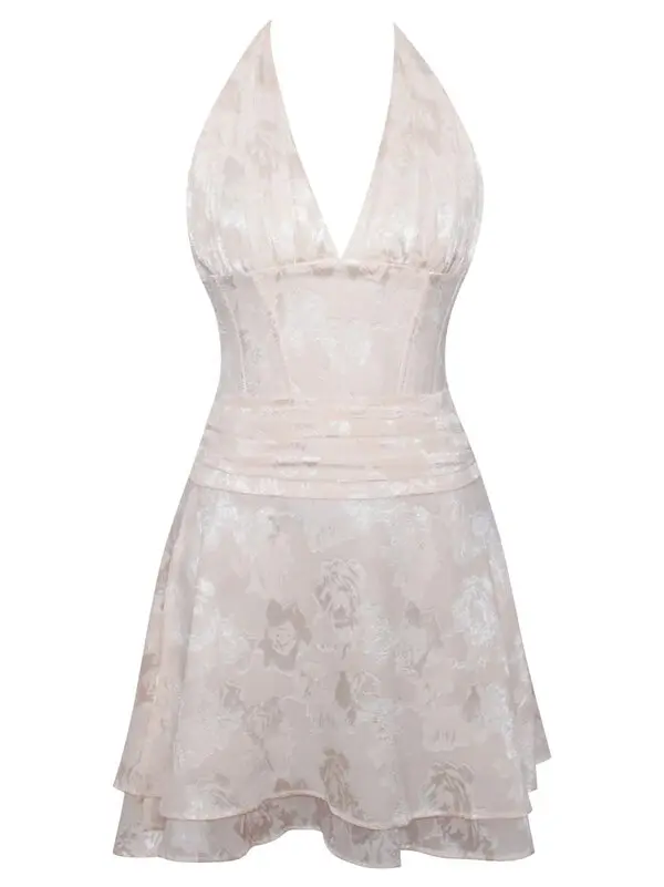 MISS CIRCLE NEW YORK Jacquard Textured Slit Halter Mini Dress - White/red