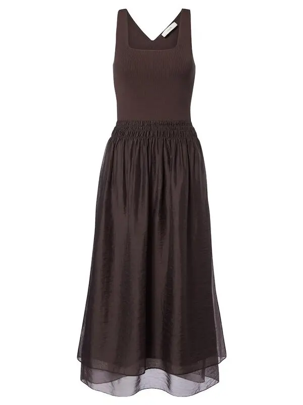 Vince Shirred Ribbed-knit Midi Dress - Brown