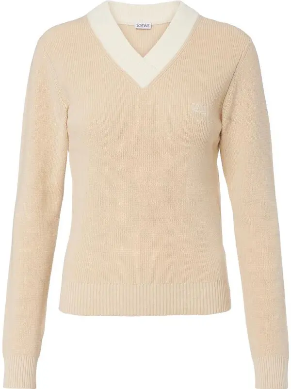 Loewe Double L Embroidered V-neck Sweater - Beige
