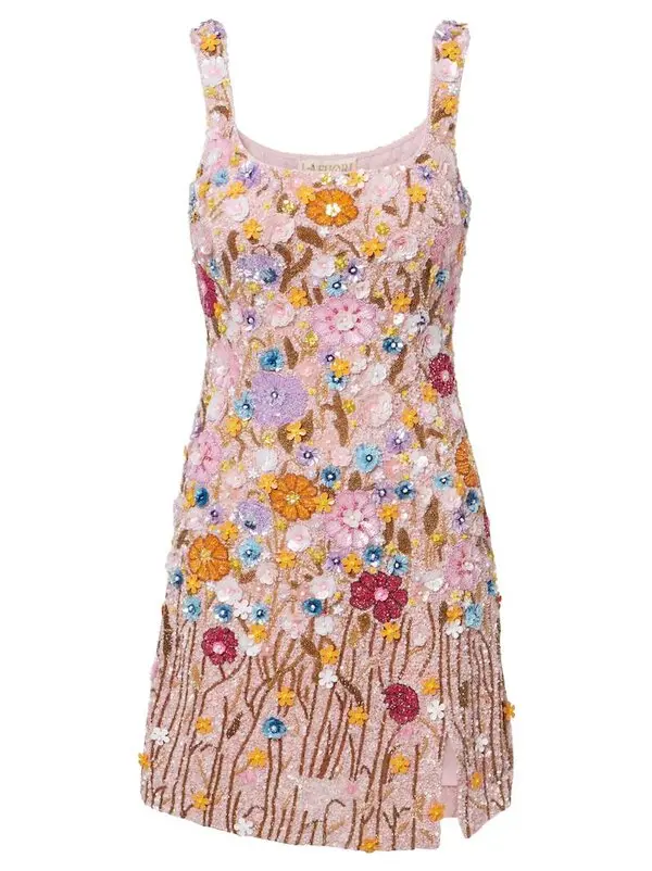 LA FUORI Embellished Floral Appliqué Mini Dress - Pink