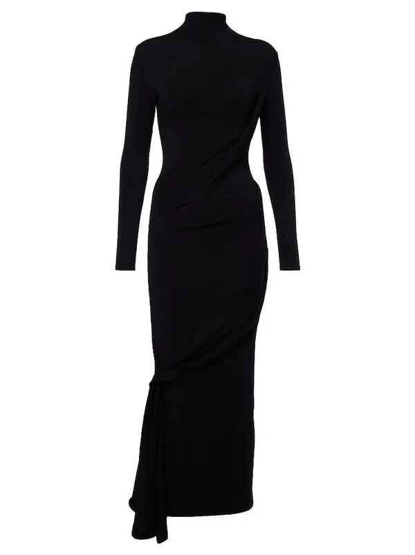 MUGLER Draped Wool-blend Jersey Midi Dress - Black