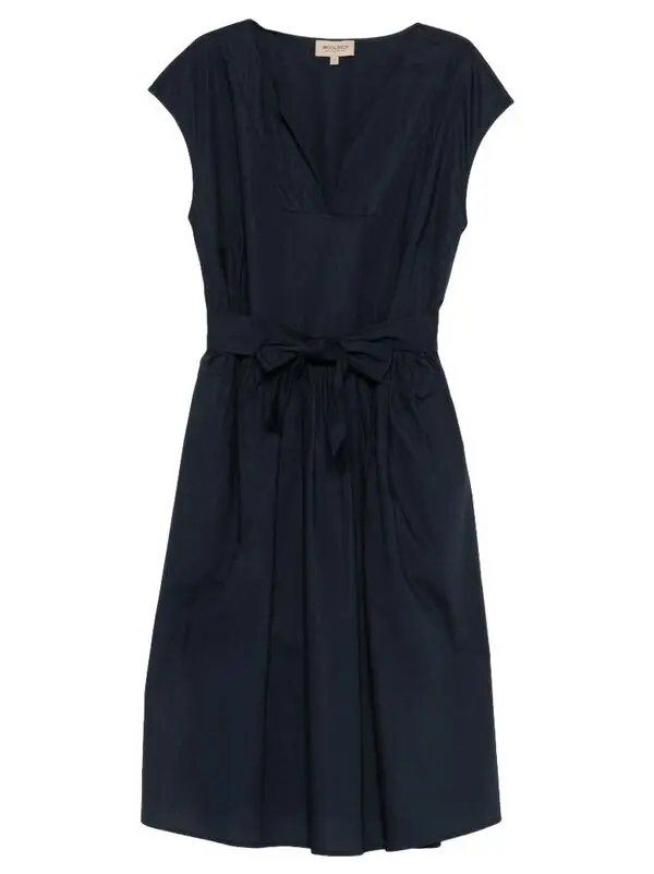 Woolrich Cotton V-neck Short Sleeve Dress With Tie Waist - Blue