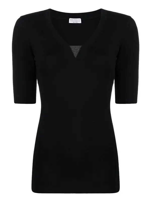 Brunello Cucinelli Cotton V-neck Sweater With Three-quarter Sleeves - Black