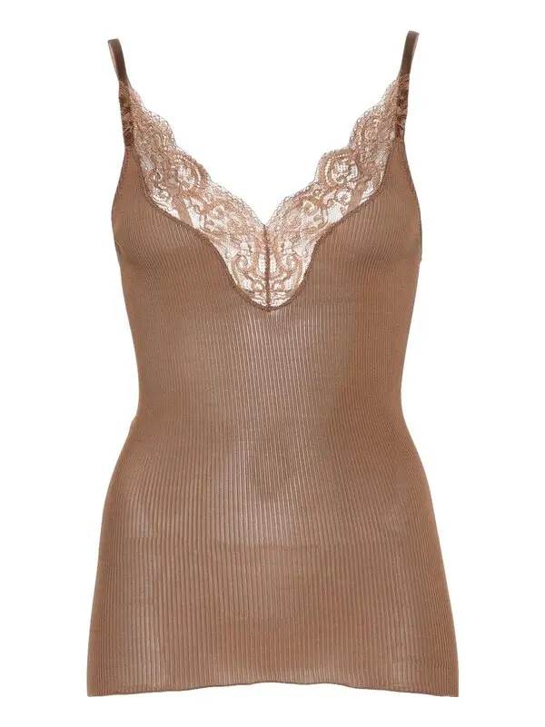 Saint Laurent Lace Trimmed Ribbed Knit V-neck Top - Beige