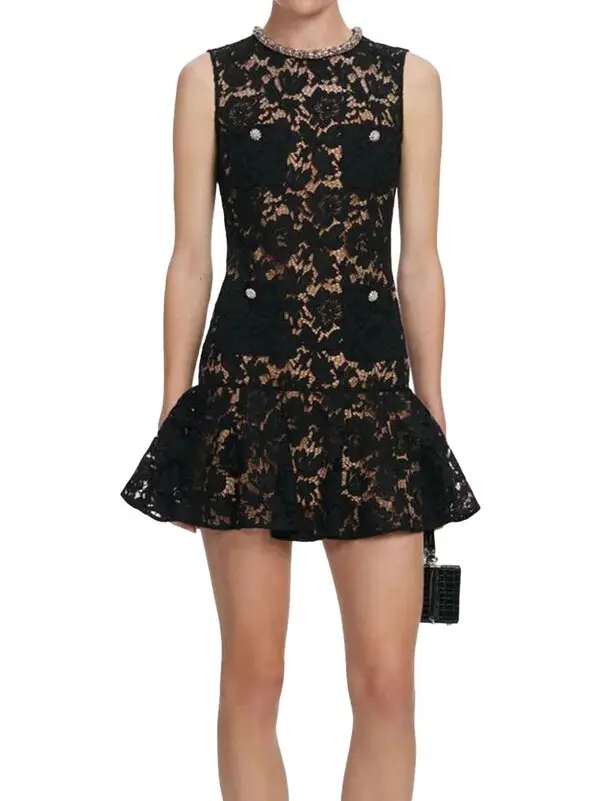 SELF-PORTRAIT Lace Mini Dress With Jewel Buttons - Black