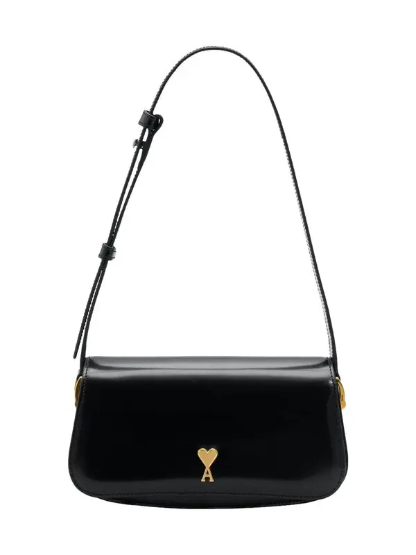 AMI Paris Leather Shoulder Bag With Heart Stud Detail - Black