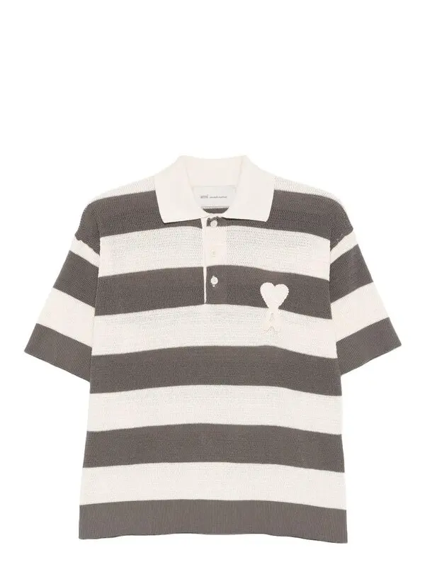 AMI Paris De Coeur Striped Polo Shirt - Grey