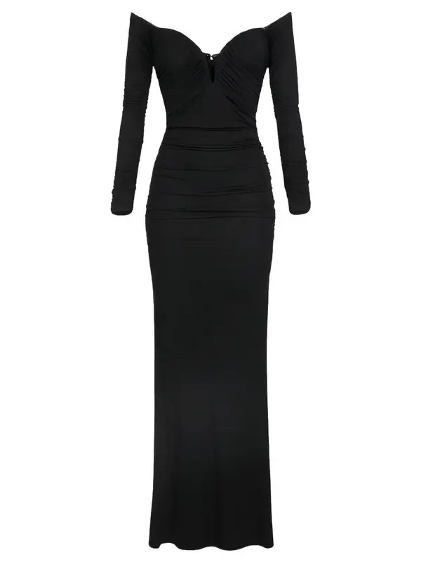 Elisabetta Franchi Off-shoulder Long Sleeve Ruched Evening Gown - Black