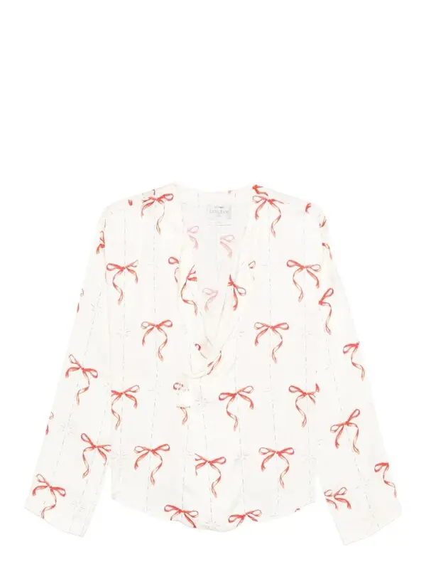 FORTE_FORTE Printed Long Sleeve V-neck Shirt With Tassel Detail - Red
