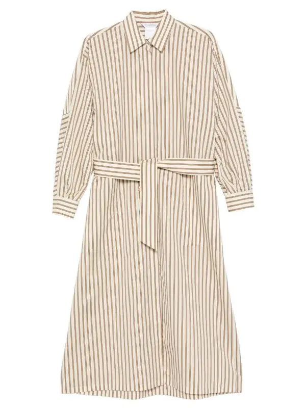 Max Mara Striped Silk Blend Belted Shirt Dress - Beige