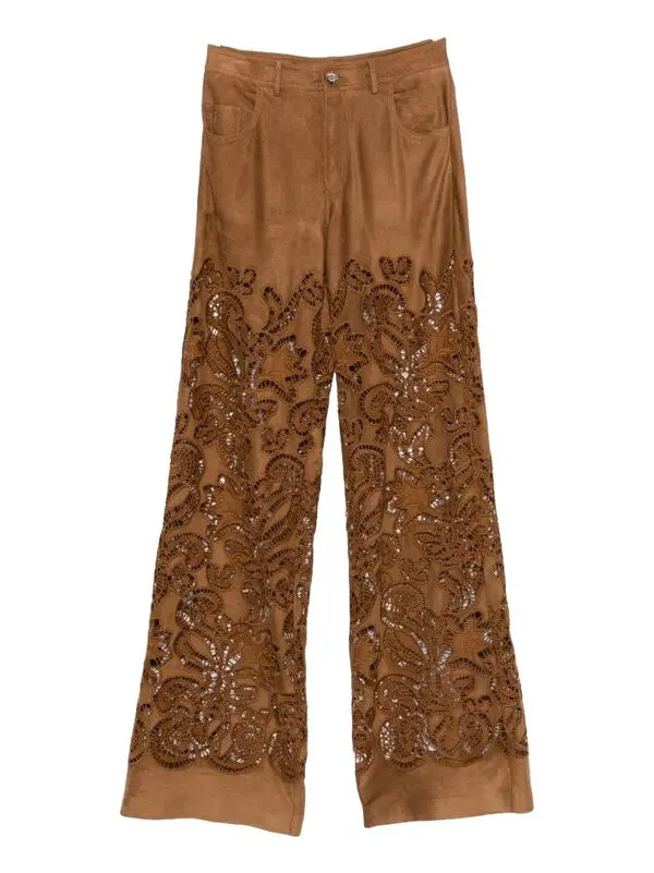 Ermanno Scervino Suede Leather Effect Trousers With Laser Cut Detail - Brown