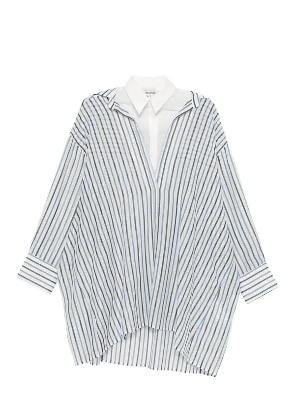 SEMICOUTURE Graciana Striped Cotton Shirt With V-neck And Asymmetric Hem - Blue