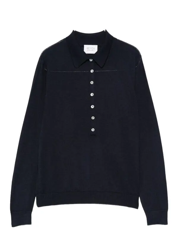 BEYOU Cashmere And Silk Long Sleeve Polo Sweater - Blue