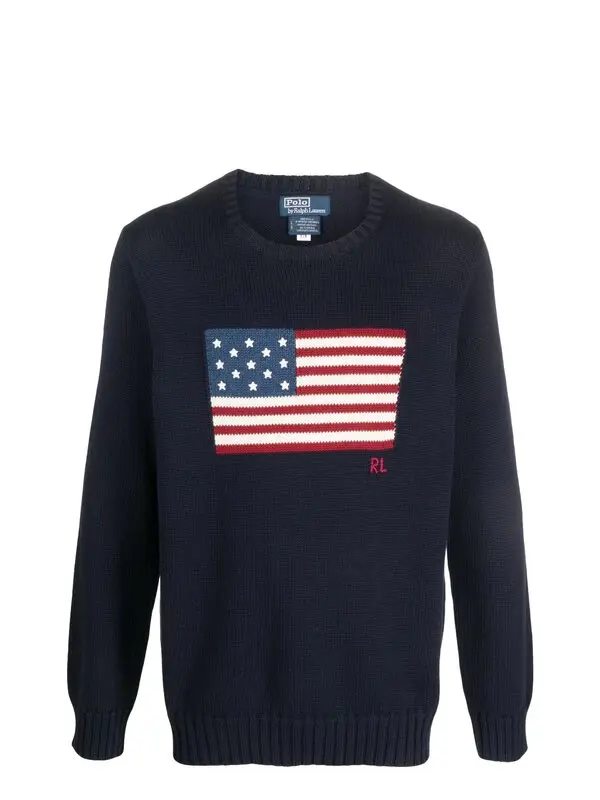 Polo Ralph Lauren Navy Cotton Sweater With American Flag Motif - Blue