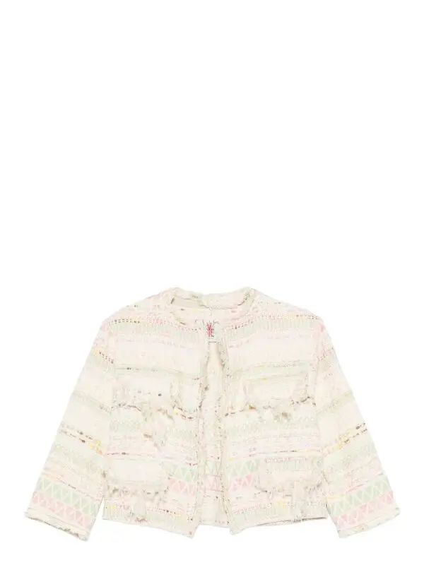 BYE Cotton Blend Short Jacket With Geometric Pattern And Frayed Detailing - Pink