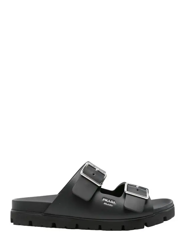 Prada Flat Sandals With Buckle Detail - Black
