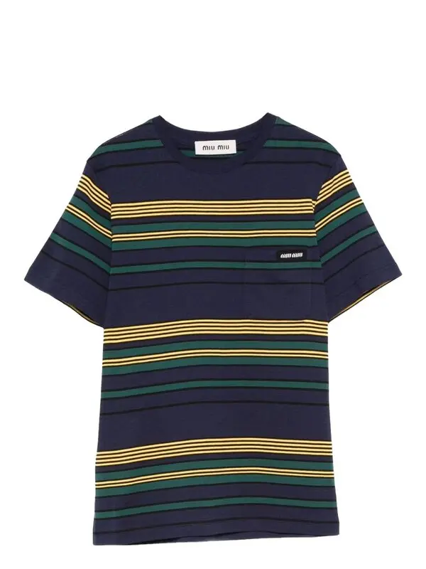 Miu Miu Striped Cotton T-shirt With Pocket - Blue