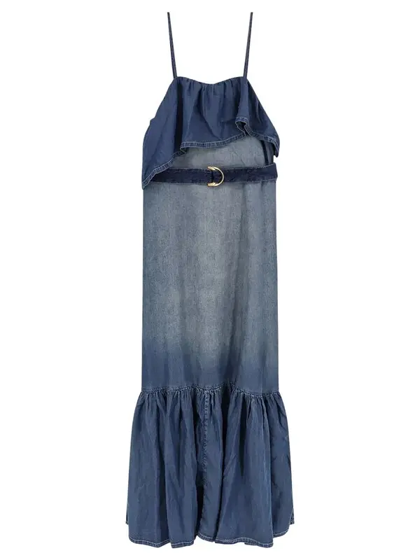 Pinko Denim Maxi Dress With Belt And Ruffled Hem - Blue