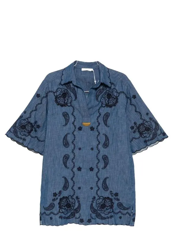 Zimmermann Aster Denim Mini Dress With Scalloped Edge And V-neck - Blue