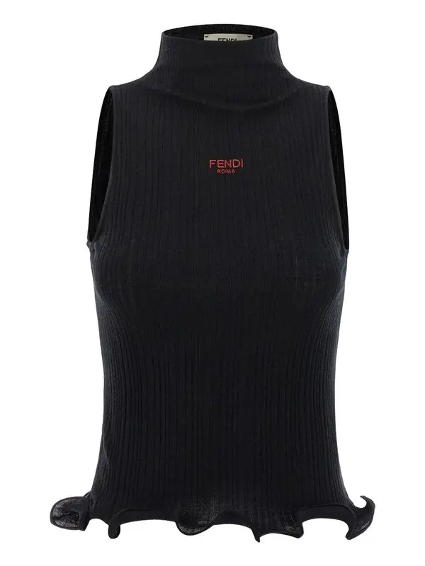 Fendi Sleeveless Ribbed Turtle Neck Top With Ruffled Hem - Black