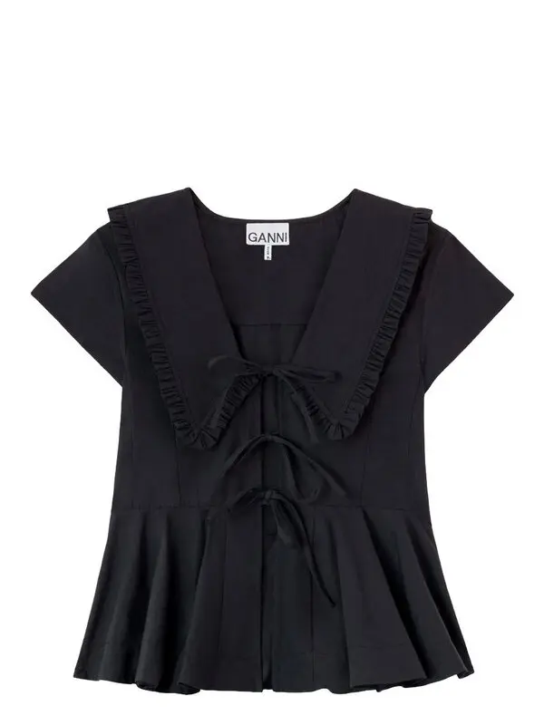 GANNI Organic Cotton Ruffled Collar Top - Black