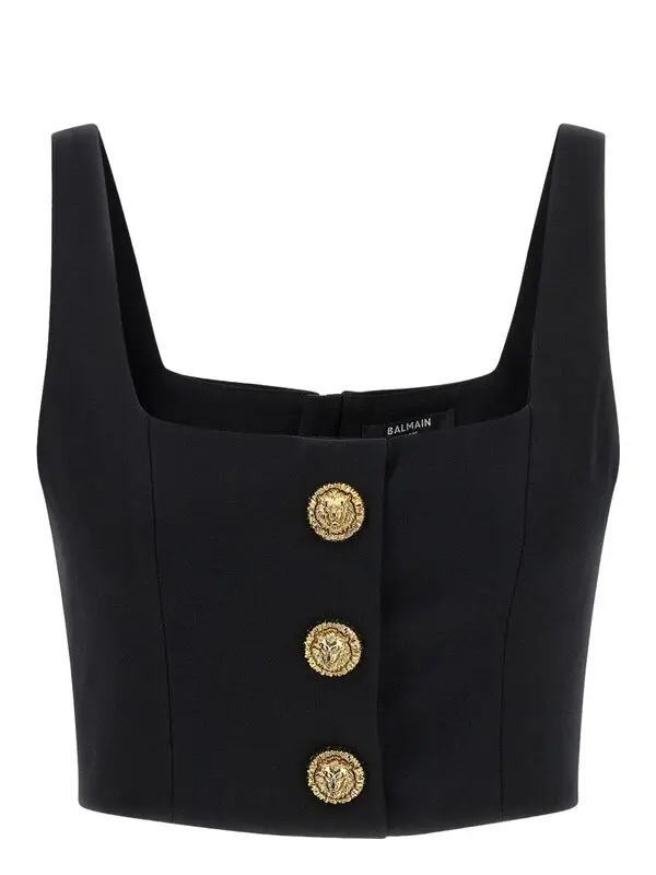 Balmain Wool Brassiere Top With Lion Head Buttons - Black