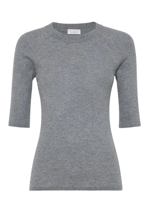 Brunello Cucinelli Cashmere Blend Ribbed Crewneck Sweater - Grey