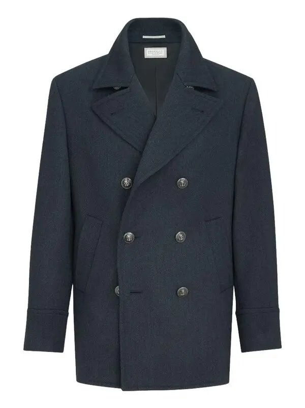 Brunello Cucinelli Wool Double Breasted Pea Coat - Blue