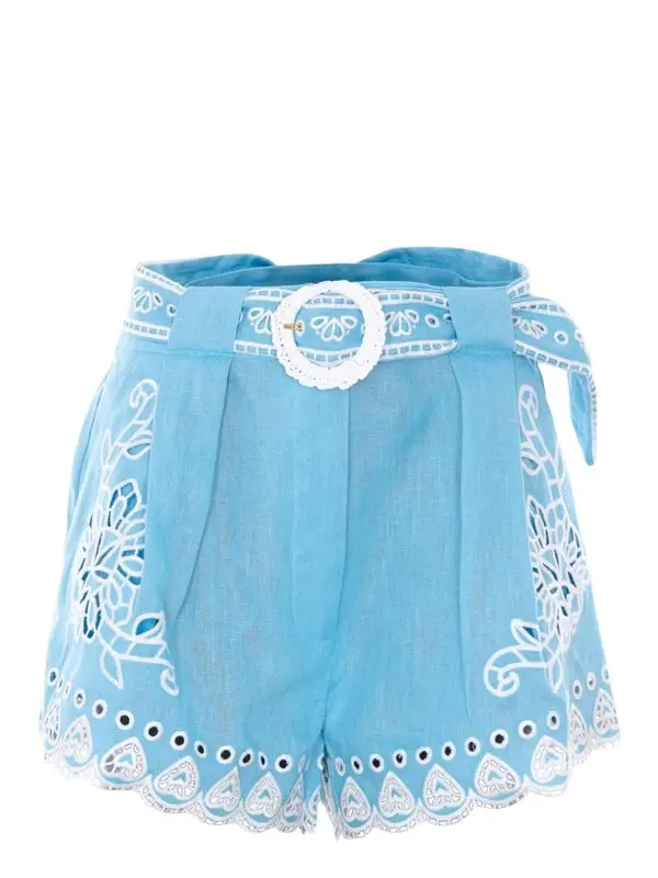 Farm Rio Linen Shorts With Lace Trim - Blue