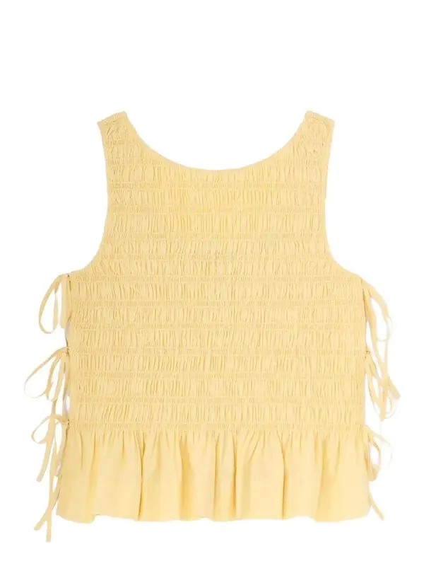GANNI Smocked Cotton Top With Ruffled Cap Sleeves - Beige