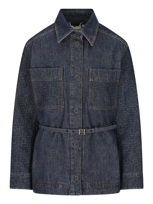 Fendi Denim Cotton Jacket With Ff Quilting And Belted Waist - Blue