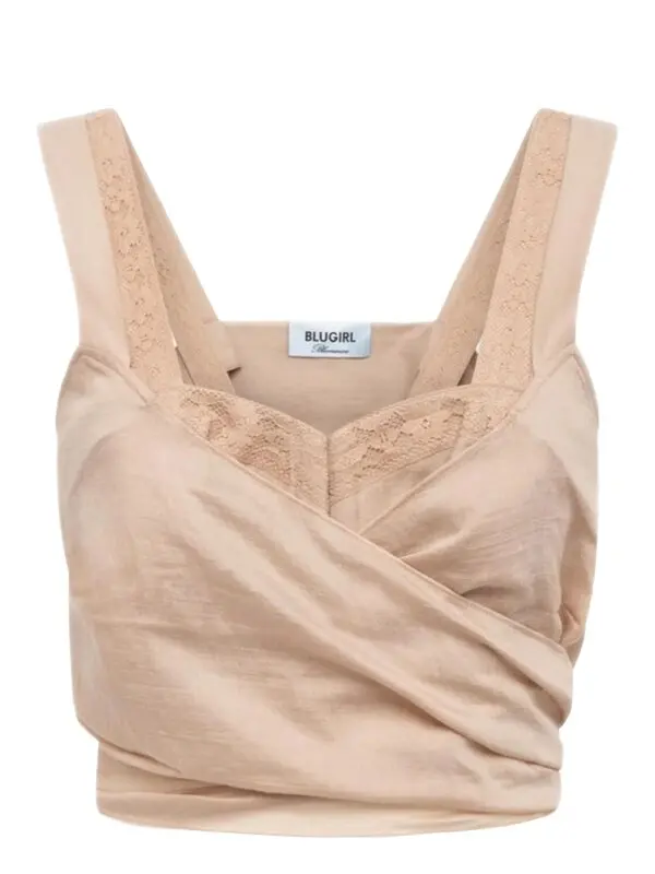 BLUGIRL Lace Trimmed Cropped Top - Beige