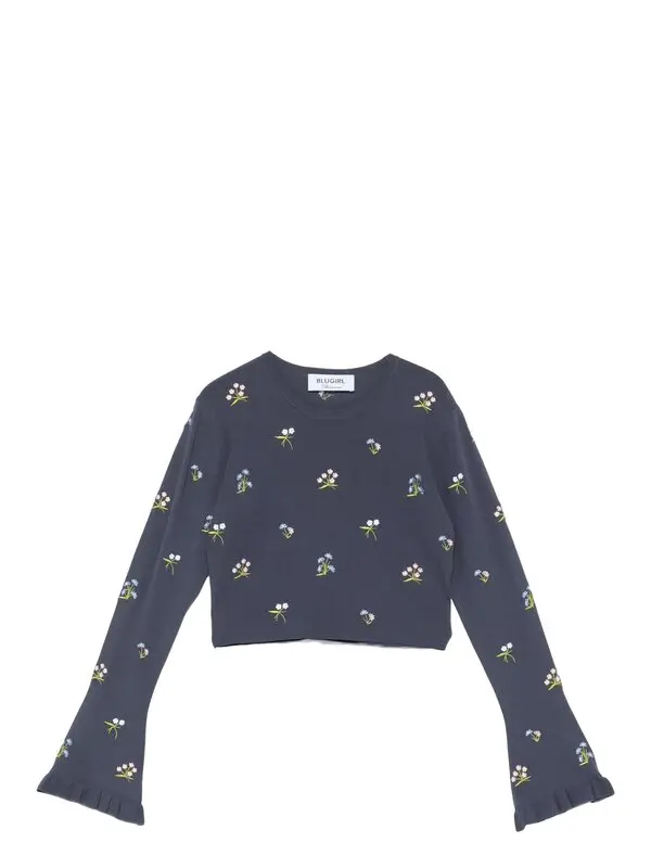 BLUGIRL Embroidered Cropped T-shirt With Ruffle Cuffs - Blue
