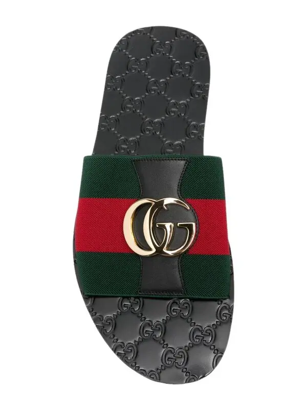 Gucci Riviera Slide Sandals With Gold Tone Logo - Black