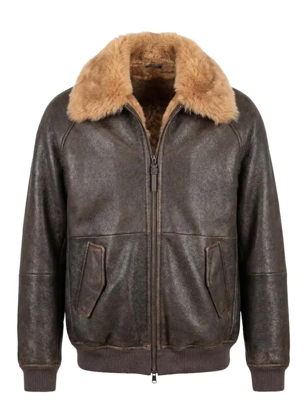 Brunello Cucinelli Leather Bomber Jacket With Fur Collar - Brown