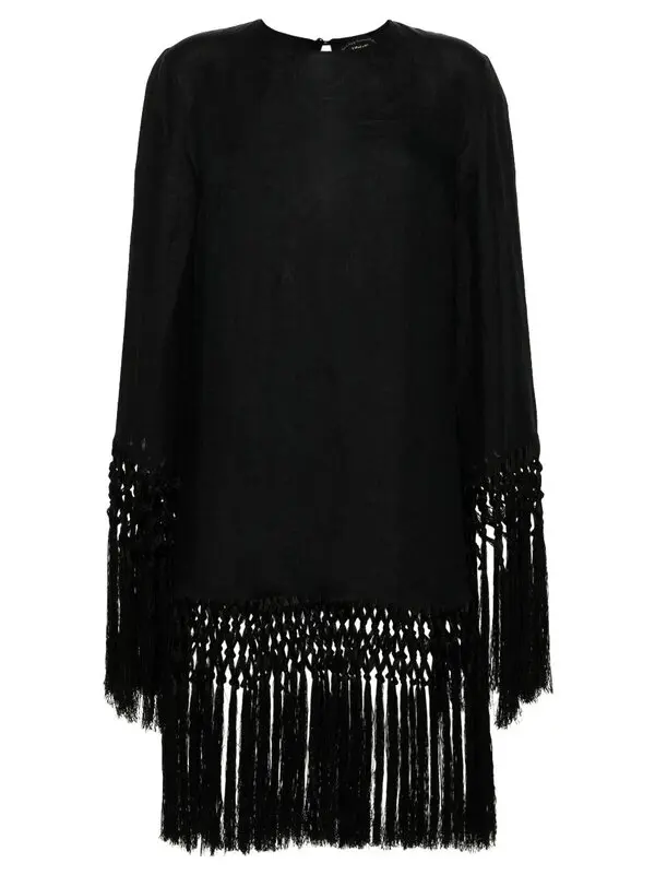 TALLER MARMO Murray Linen Short Dress With Fringe Detail - Black