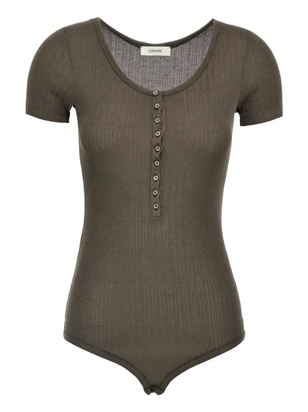 LEMAIRE V-neck Button-up Ribbed Bodysuit - Brown