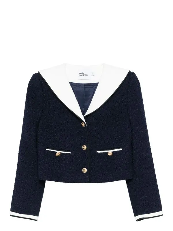 SELF-PORTRAIT Bouclé Short Jacket With Stripe Trim - Blue