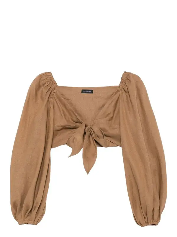 ACTUALEE Linen Tie Front Top - Brown