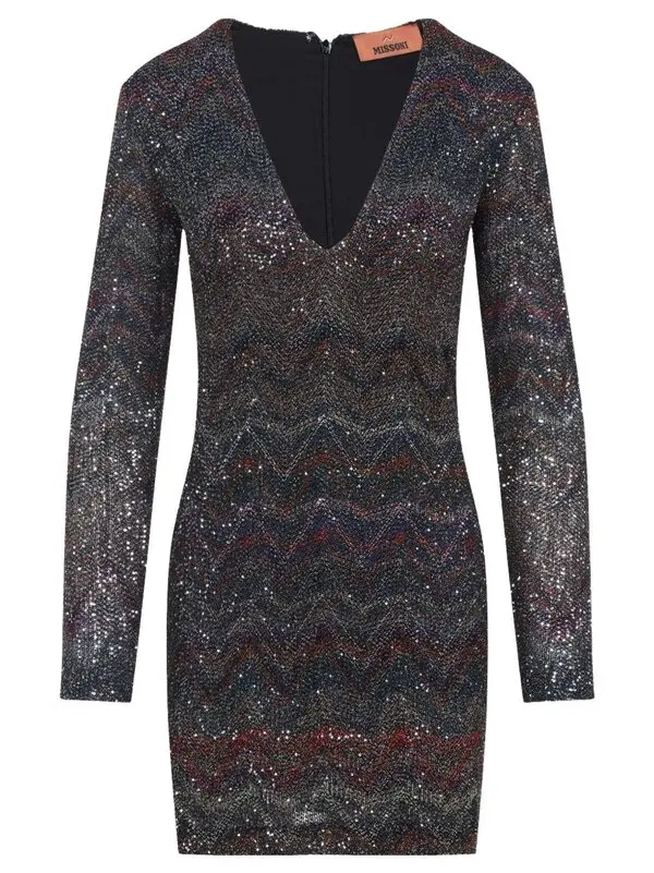 Missoni V-neck Sequin Chevron Long Sleeve Mini Dress - Multi